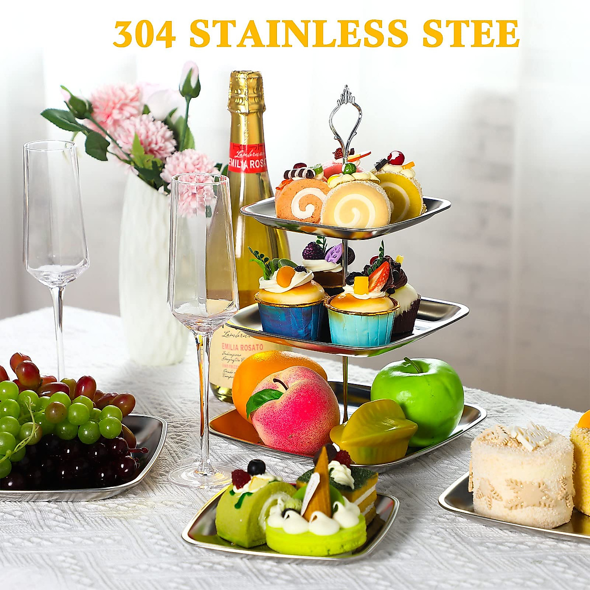 Gerrii 2 Pcs Metal 3 Tiered Cupcake Stand Cake Stand Pastry Stand 3 Tiered Stainless Steel Cup Cake Dessert Stand Serving Tray for Wedding Birthday Party (Silver)