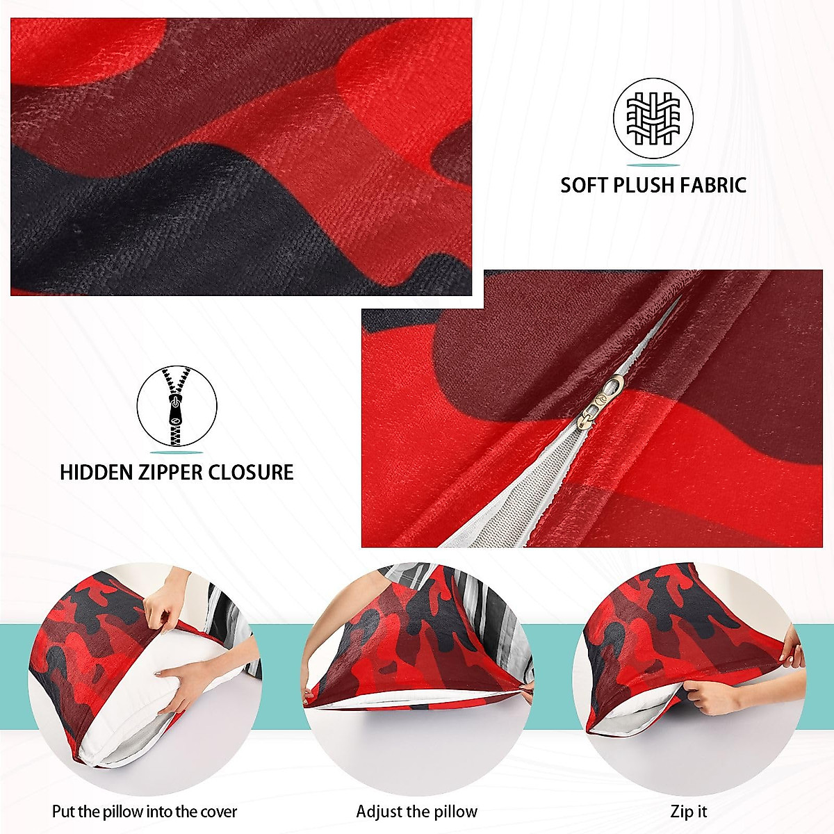 Red Camo Pillowcase for Hair and Skin Body Pillow Cover Long Bedding Pillowcases 20"X 54" Flannel Pillow Cases with Zipper for Sleeping