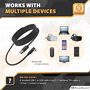 PowerSource 10ft Long Oculus Quest 1 & 2 Link Cable for High Speed Data Transfer & Charging, USB 3.2 Gen 1 for Gaming Laptops & PCs, Aluminum Shell, Provides Maximum Data Transfer Rates for Oculus