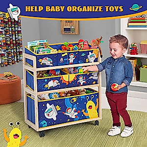 Kids Toy Storage Organizer with 6 Oxford Cloth Bins and 4 Wheels,Wooden Children Storage Rack,Extra Large Capacity Bookshelf Bookcase Display Stands Shelf Multi Cabinet for Books Toys