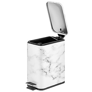 mDesign Slim Metal Rectangle 1.3 Gallon/5 Liter Trash Can with Step Pedal, Easy-Close Lid, Removable Liner - Narrow Wastebasket Garbage Container Bin for Bathroom, Bedroom, Kitchen - White Marble