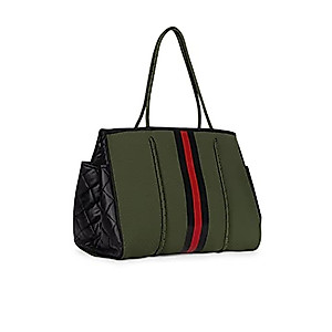 Haute Shore - Greyson Avenue Neoprene Tote Bag w/Zipper Wristlet Inside, Army W/Black & Red Stripe