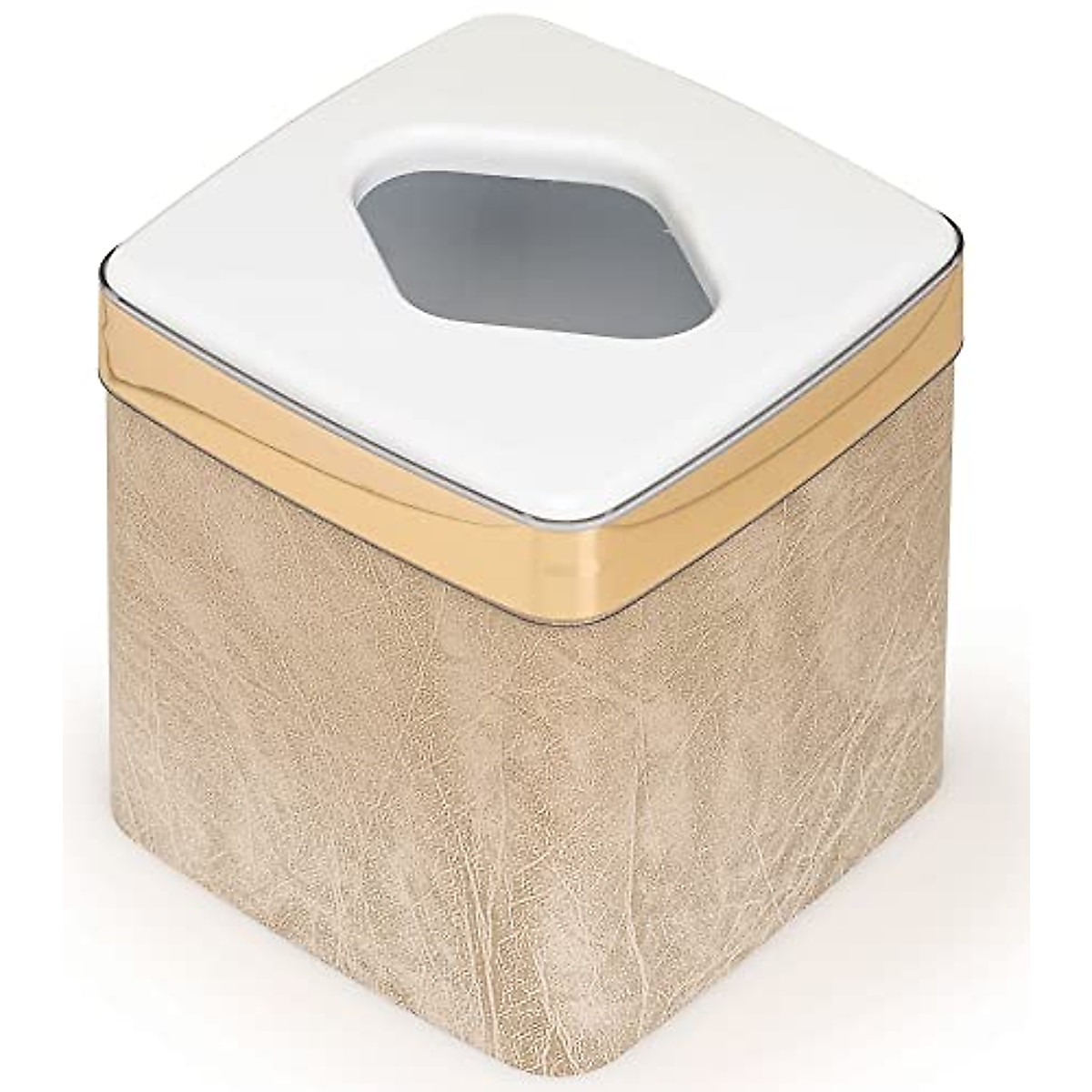 Made in USA Set of 2 Faux Beige Leather 5-Gallon Vinyl Waste Basket & Cube Tissue Box Cover