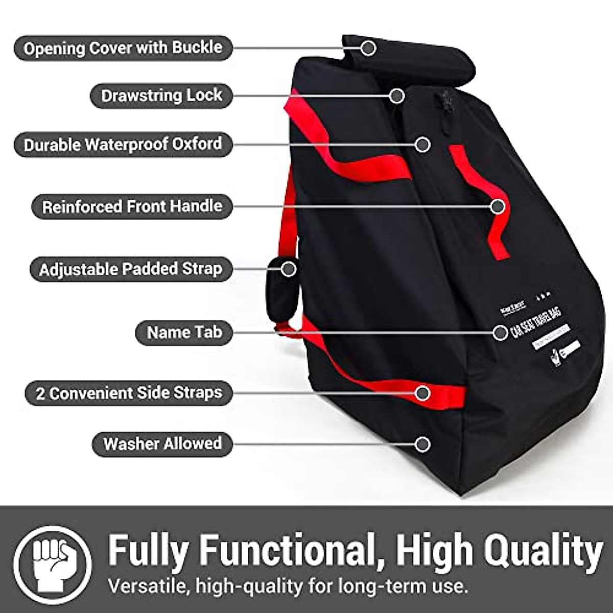 ProFaster Car Seat Travel Bag Backpack for Air Travel - Karfast Universal Infant Carseat Gate Check Bag Cover for Airplane, Foldable with Pouch, Black