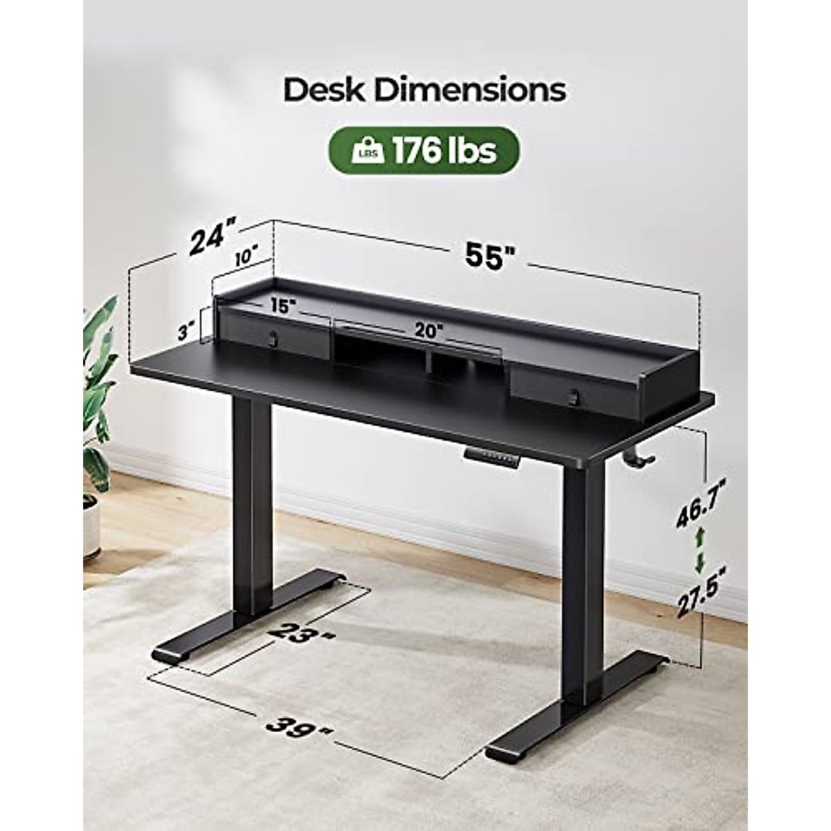 Marsail Electric Standing Desk with Dual Drawers, 55 x 24 Inches Height Adjustable Desk with Storage Shelf, Sit Stand Desk with 4 Memory Preset, 2 Storage Hooks, Stand Up Desk for Home Office, Black
