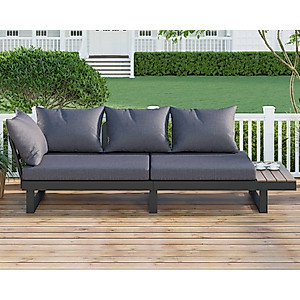 PaPaJet Aluminum Patio Conversation Set with Backrest, 3 Piece 3 Seat Modern Outdoor Furniture Set with Wood Grain Plastic Top Side Table for Backyard Porch, Gray