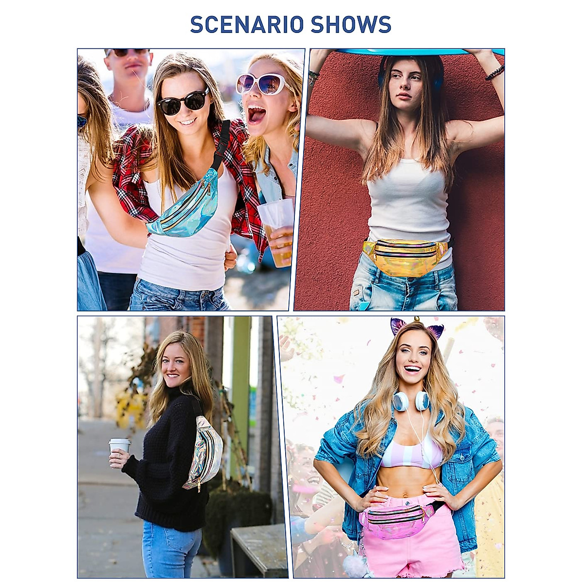 LIVACASA Holographic Fanny Packs for Women Cute Waist Packs Shiny Waist Bum Bag Waterproof for Travel Party Festival Running Hiking Gold