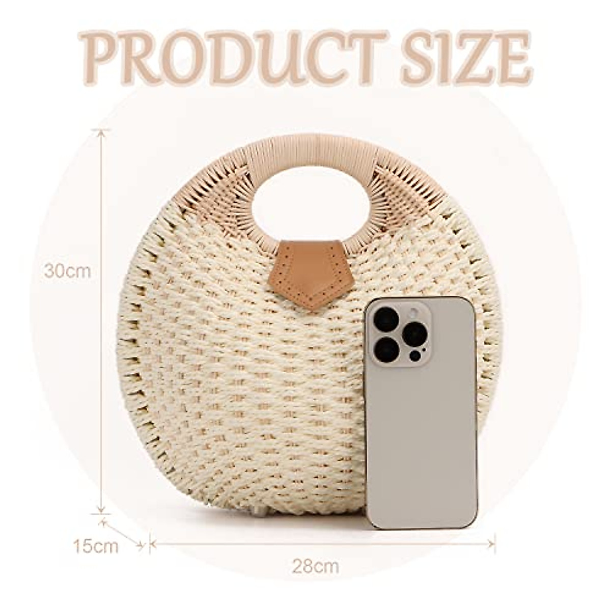 Ynport Straw Purses for Women Summer Beach Rattan Tote Bag Round Handle Ring Handbag Retro Handmade Woven Shell Bag