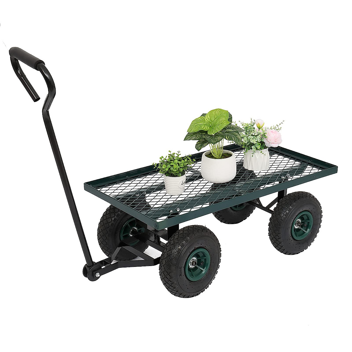 Outvita Metal Deck Garden Cart with 10” Air Tires, Heavy Duty Wagon Cart for Farm, Yard and Cargo (Green)