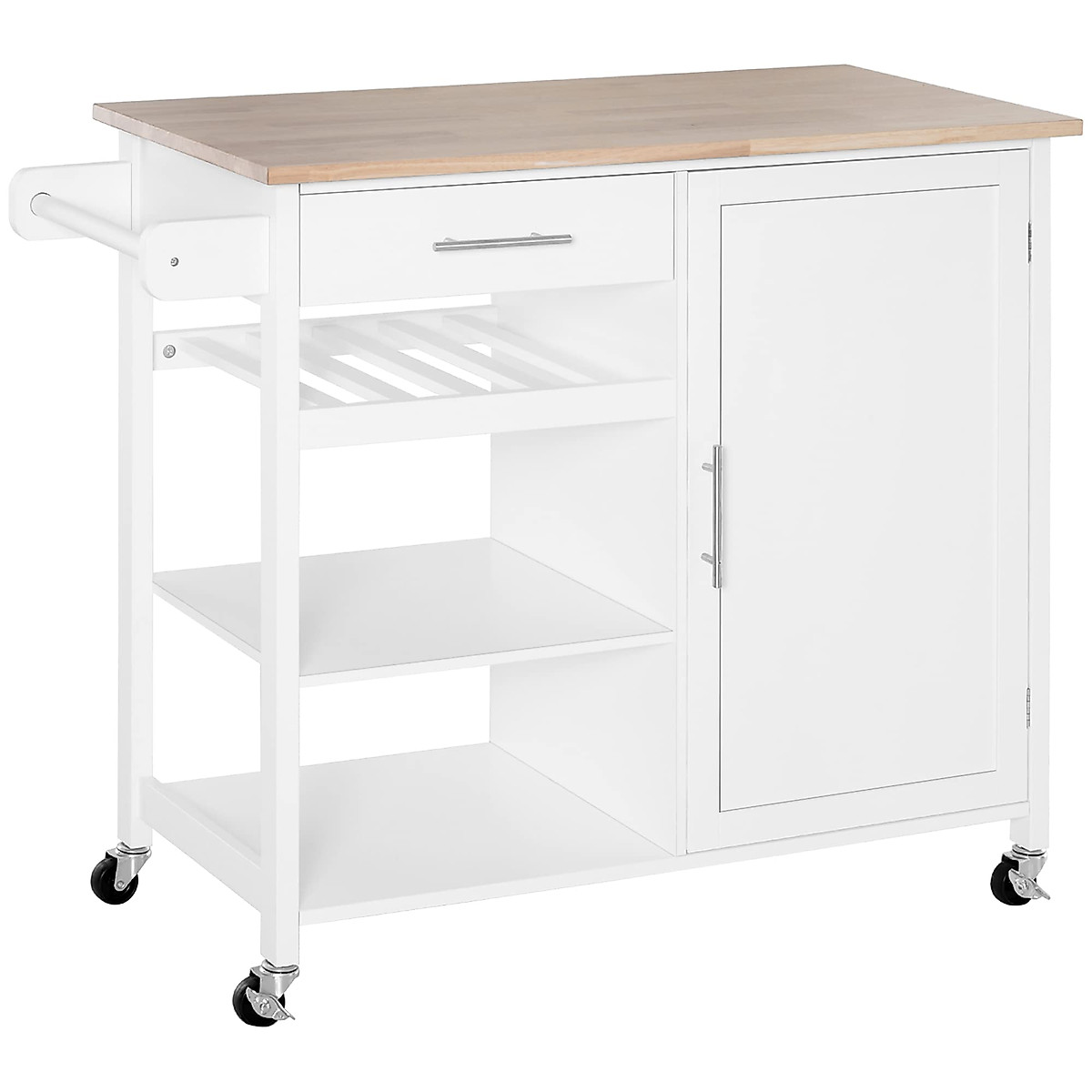 HOMCOM Rolling Kitchen Island with Storage, Kitchen Cart with Solid Wood Countertop, Drawer, Adjustable Shelf and Wine Rack, White