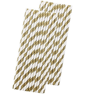 Striped Paper Straws - Gold White - Christmas Holiday Wedding Anniversary Supply - 7.75 Inches - 50 Pack - Outside the Box Papers Brand
