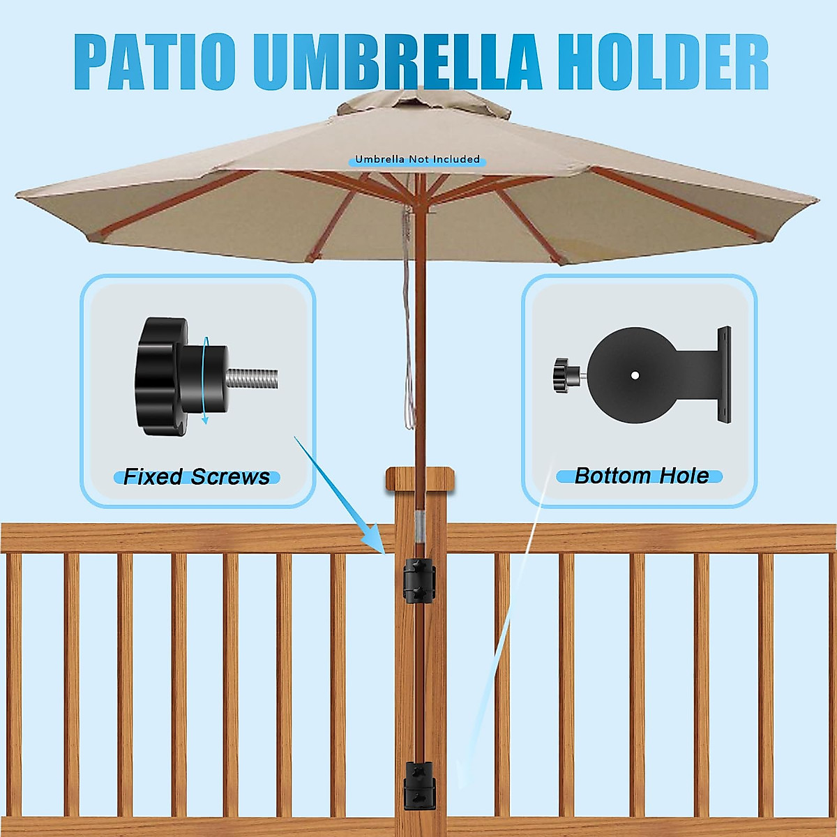 Meruzy Patio Umbrella Holder Mount, Stainless Steel Outdoor Umbrella Base Umbrella Clamp Bracket for Deck Railing, Mount to Deck, Balcony or Courtyard (Fit Max OD 2 inch)