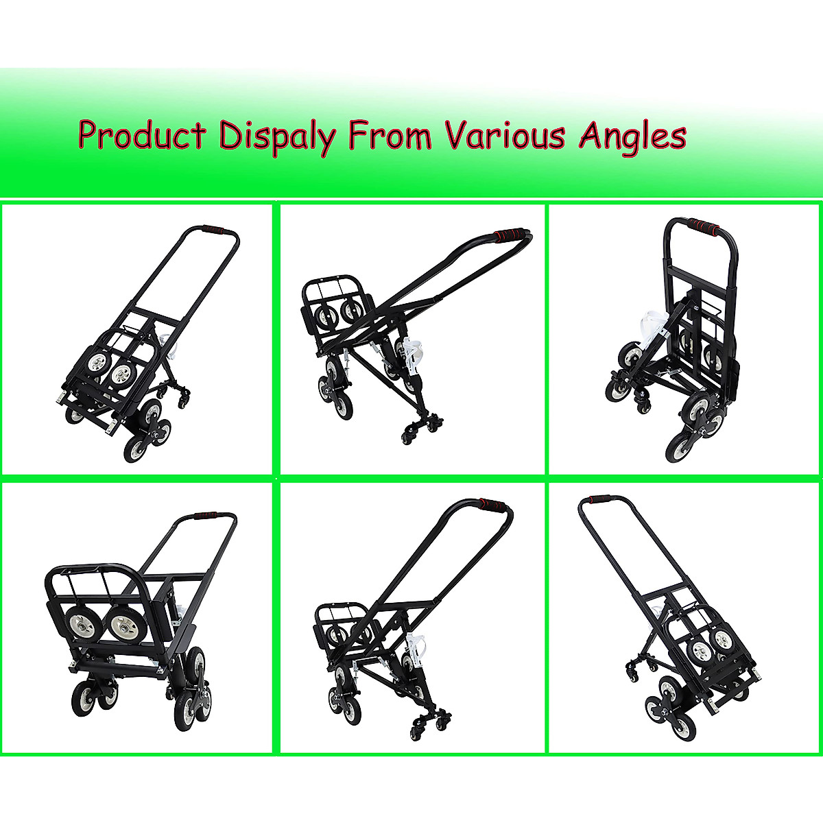 INTBUYING Stair Climber Hand Trucks Portable Folding,Rubber Mute Wheel,Adjustable Handle Length.420 LBS Capacity Handcart Luggage Cart with 6 Wheels and 2 Backup Wheels (Black)-with 2 Casters