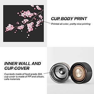 CaTaKu Small Water Bottle 12 oz, Cherry Blossoms Black Insulated Water Bottle for Water Coffee Tea Stainless Steel Flask Thermos Bottle Reusable Wide Mouth Vacuum Travel Mug