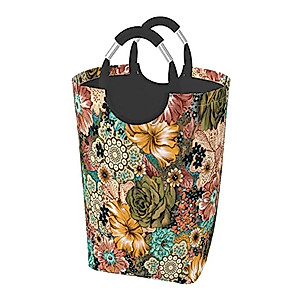 SongYi Boho Laundry Basket with Handles, Collapsible Waterproof Laundry Bag Washing Bin, Bohemian Flowers Pattern Large Foldable 50 L
