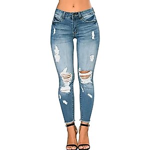 CME SHOWU Women Skinny Ripped Jeans Stretch Distressed Destroyed Denim Pants(Light Blue,L)