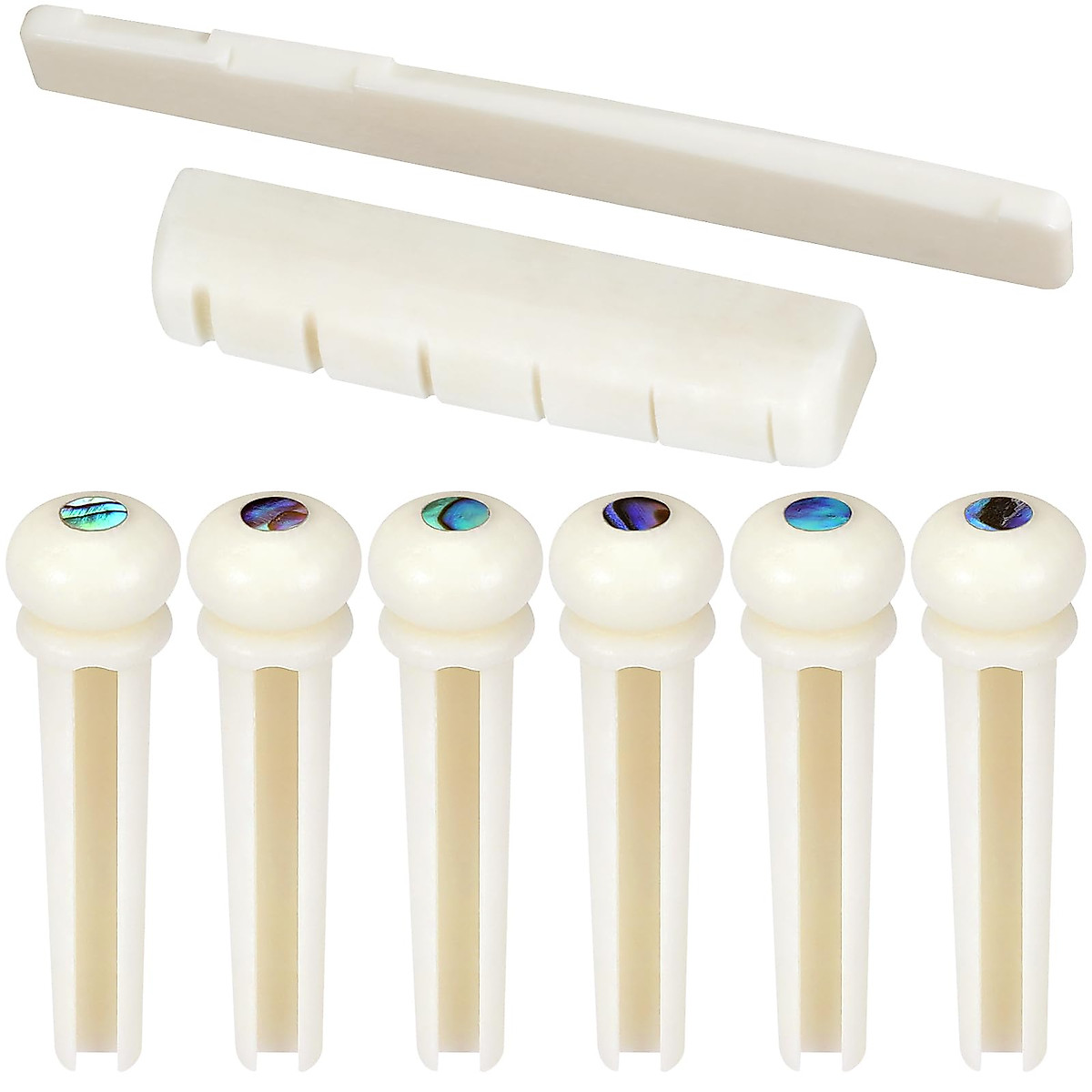 Blisstime 6 String Acoustic Guitar Bone Bridge Saddle and Nut and 6pcs Guitar Bone Bridge Pins Made of Real Bone