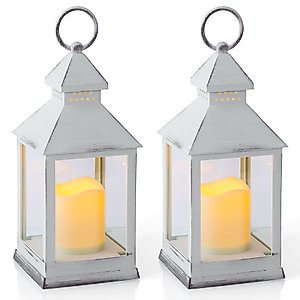 HN HAIINAA 2 Pack White Vintage Lantern Decorative Candle Lanterns with Timer Battery Operated LED Flickering Flameless Candle Lanterns for Indoor Outdoor Table Patio Party Garden Home Decor
