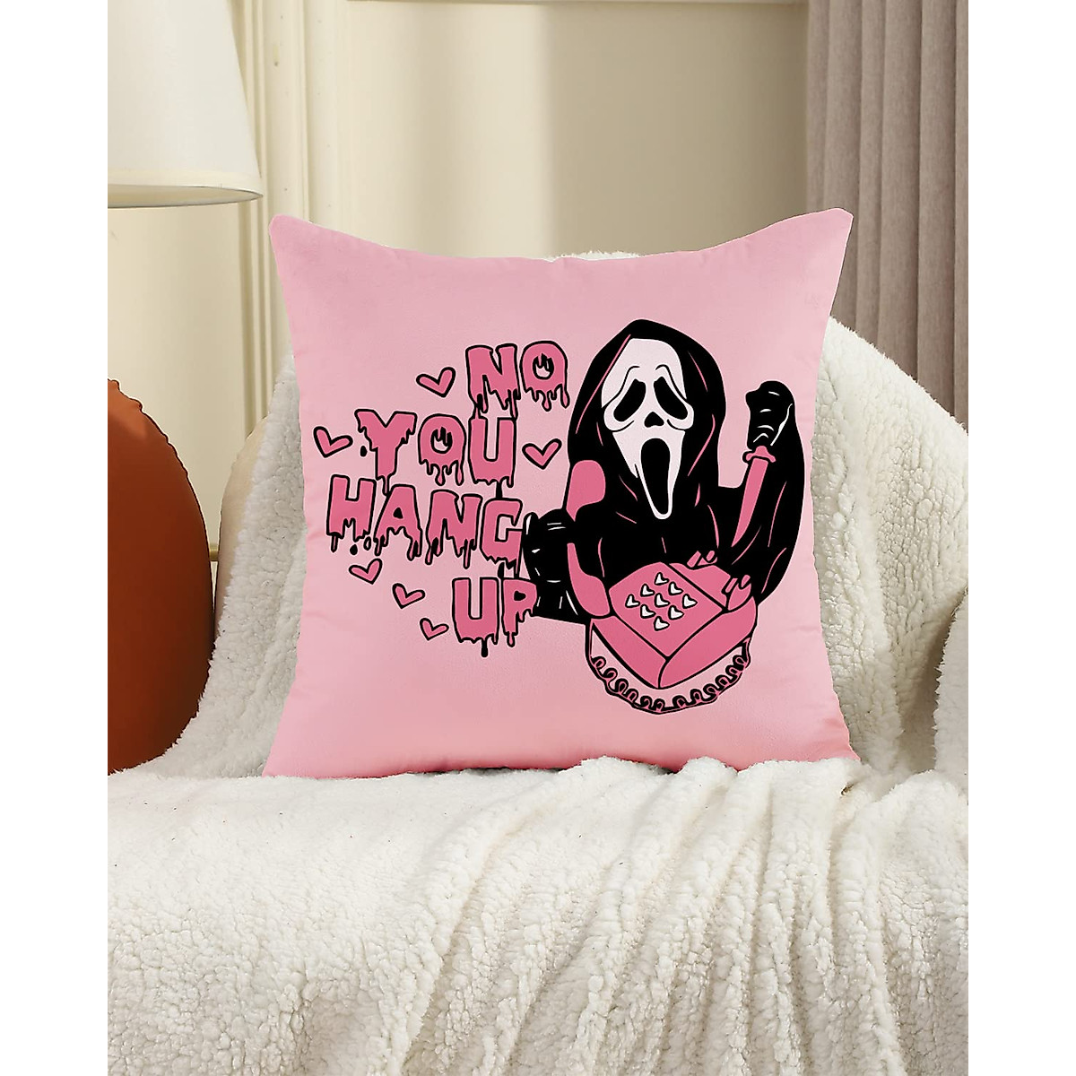 PreLiving 18x18 Inch Pink Throw Pillow Cover - 'No You Hang Up' Funny Horror Ghost Design, Romantic Halloween Day Decor, Soft Pillowcase for Sofa, Bedroom, Car, Birthday Party Supplies
