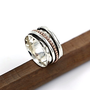 925 Silver Ring Three Tone Spinner Rings Handmade Silver Spinner Ring Meditation Ring Thumb Rings Hammered Textured Fidget Rings Silver Wide Band Ring Jewelry Birthday Gift (11.75)