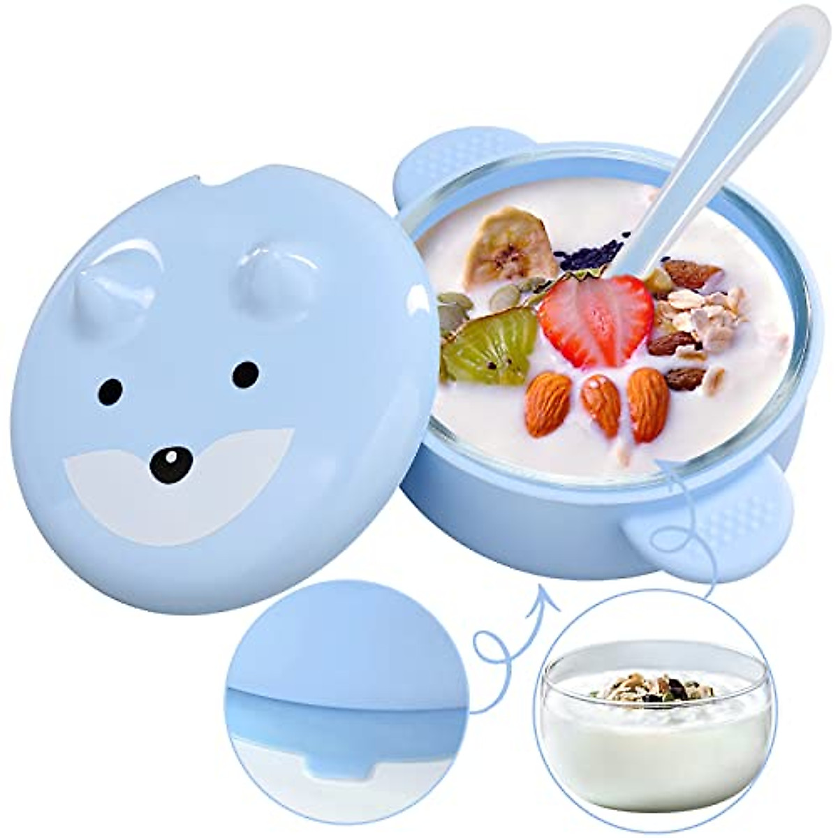 MAISON HUIS Baby Bowls with Suction for Toddlers, Silicone Bowls and Spoon Set for Babies Glass Bowl with Lid BPA Free Baby Led Weaning Supplies and Kids First Stage Feeding(Blue)