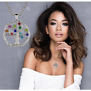 Central Diamond Center Tree of Life Mothers Birthstone Necklace w/ 1-12 Simulated Birthstones- Platinum Plated Silver