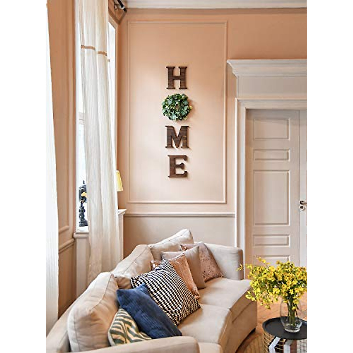 Mkono Farmhouse Wall Home Sign with Artificial Eucalyptus for O Rustic Wooden Home Hanging Letters Decorative Wall Art Wood Signs Decor for Living Room Kitchen Entryway Housewarming Gift, Brown