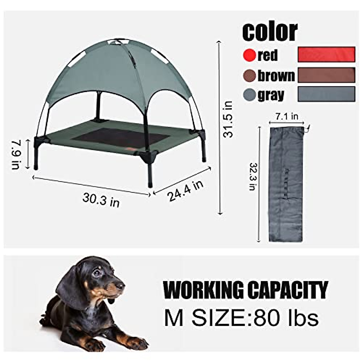Elevated Dog Bed with Removable Canopy,M Size Portable Dog Bed for Outdoor Camping Hiking,600D Breathable Mesh Fabric and Sunshine Prevention,Raised Mesh Pet Cot with Shade Tent for Medium Dogs