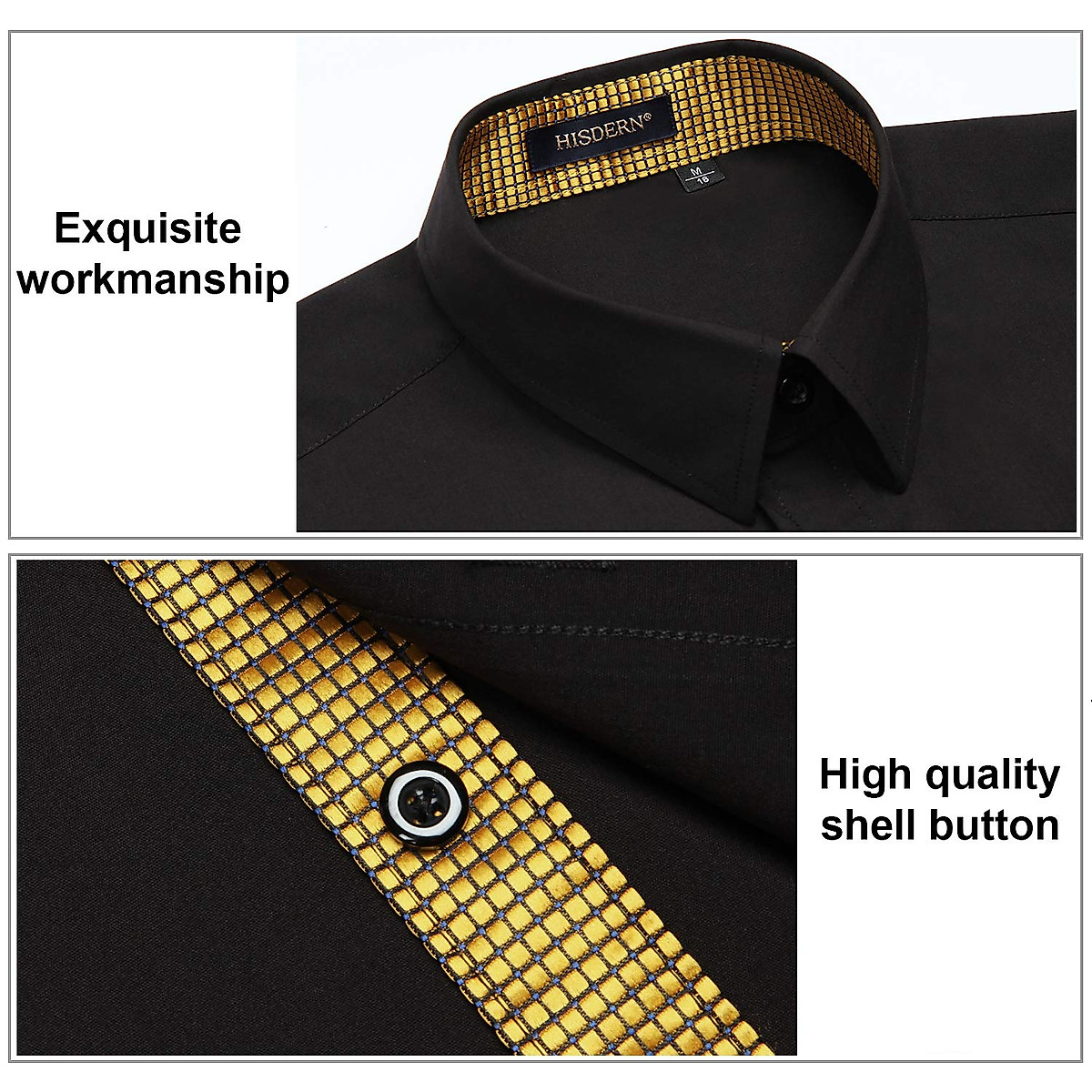 HISDERN Mens Black Dress Shirts Long Sleeve Casual Formal Button Down Shirt for Men Black Gold Plaid Inner Contrast Button Up Club Shirt