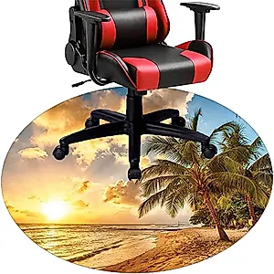 Beach Office Chair Mat, Tropic Sandy Beach with Horizon at The Sunset and Coconut Palm Trees Summer Photo, Desk Chair Mat for Home Office Hardwood Floor, Round 36" Cream Blue