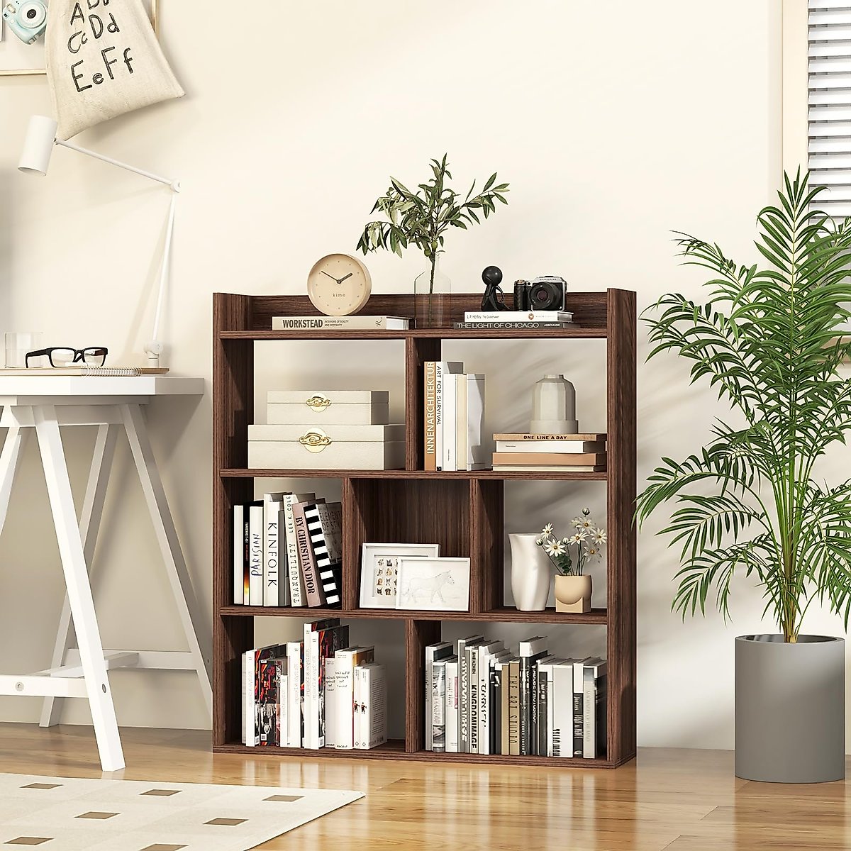 Giantex 7 Cube Bookshelf, Free-Standing Wooden Bookcase, 4 Tier Home Display Shelf, Horizontal Storage Unit w/Anti-Toppling Devices, Open-Back Display Rack for Study, Bedroom, Living Room, Walnut