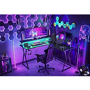 CubiCubi 51 Inch Gaming Corner Desk with LED Strip and Large Monitor Stand, Ergonomic Gaming Table, Gamer Desk, L Shape, PC Corner Table, Computer Desk with Hook for Headphone