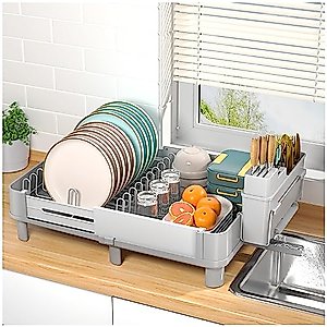 YKLSLH Expandable Dish Drying Rack Dish Racks for Kitchen Counter, Space Saving Dish Rack,12.6"-18.6" Expandable Drying Rack with Drainboard, Utensil Holder - Gray