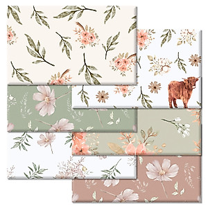 JarThenaAMCS 6Pcs Highland Cow Cotton Fabric Bundles Watercolor Flower Leaf Fat Quarters Cow Flower Sewing Fabrics for DIY Crafts Party Decor