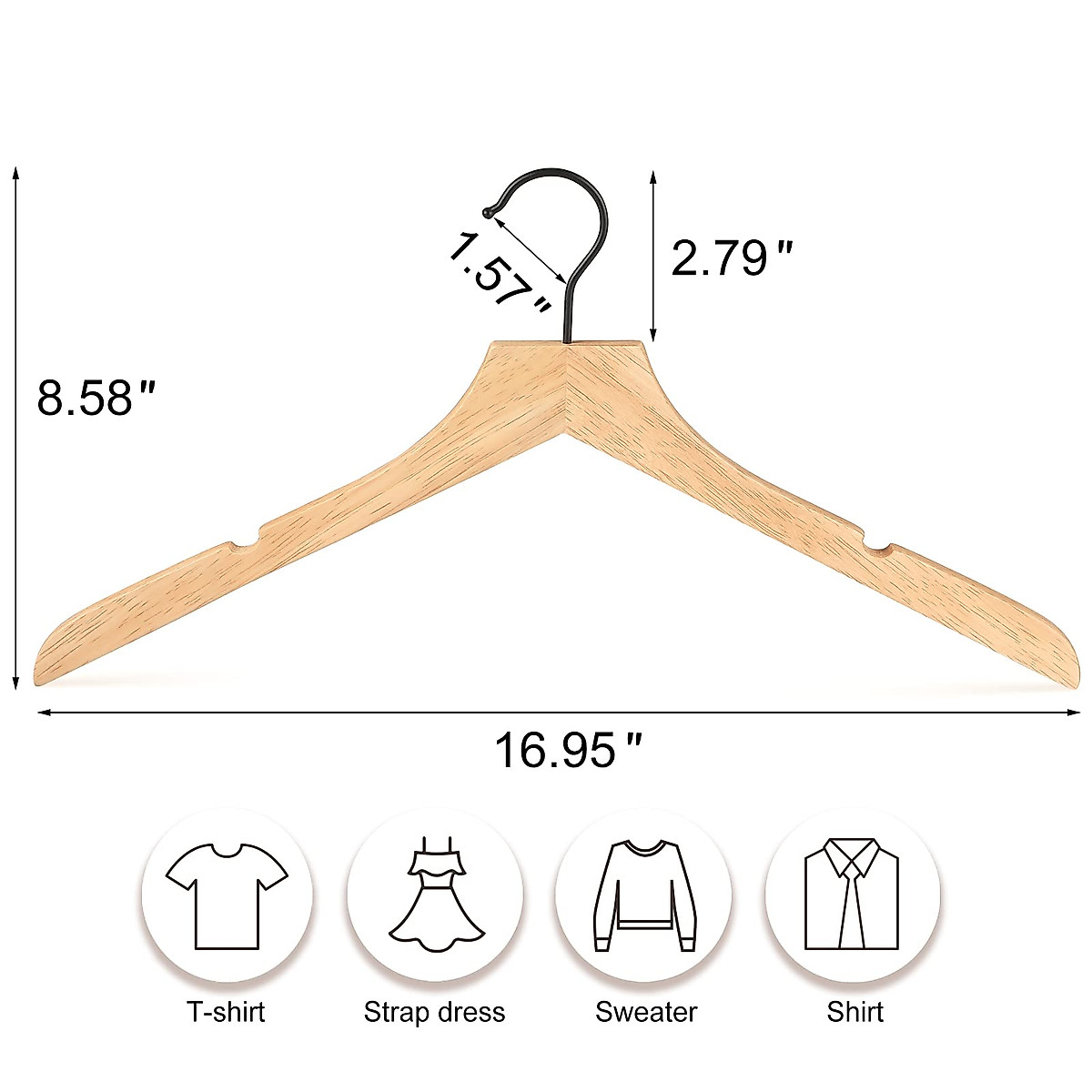 TOPIA HANGER Rubber Wood Hangers, Wooden Clothes Hangers with Rotatable Black Hook and Smooth Cut Nothces, Set of 12 Durable and Slim Hangers for Coats, Suits, Jackets, Sweaters, Dresses - CTS01N