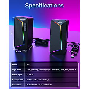 SOULION R40 Computer Speakers, USB/Bluetooth V5.3 Desktop Speakers for PC Monitor Gaming, with Customize 6 Lighting Effects, 2.0 Channel Surround Stereo & Quality Bass