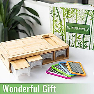 SHINESTAR Bamboo Cutting Board with Containers, Sturdy Meal Prep Station for Kitchen, Includes 4 Graters, 4 Trays with Lids - Easy Food Storage