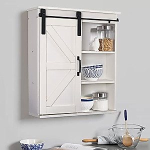 MFSTUDIO Farmhouse Small Bathroom Cabinet Wall Mounted Hanging Medicine Cabinets, Kitchen Storage Organizer with Rustic Barn Door for Living Room Bedroom, Ivory