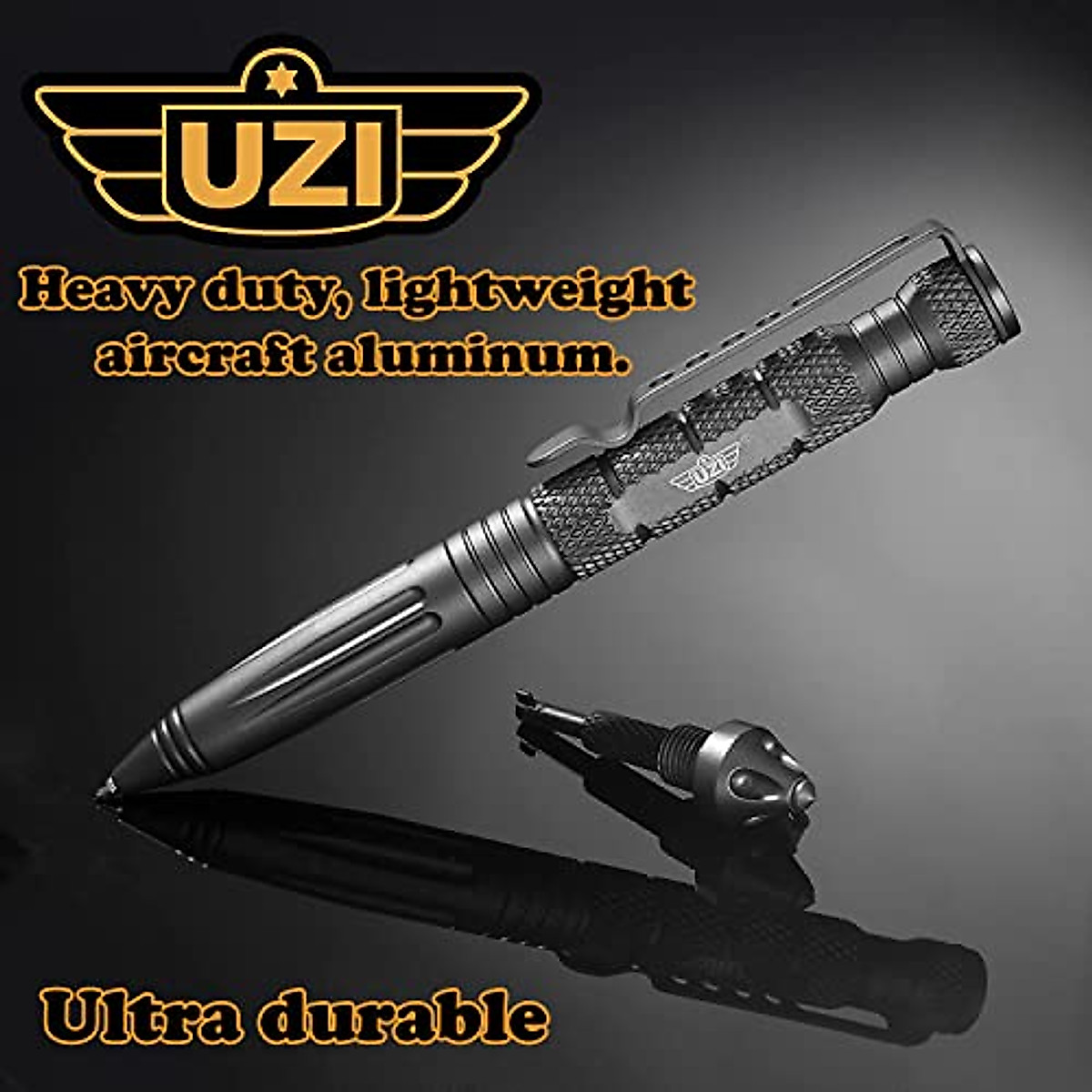 Uzi Tactical Pen with CuffKey in The Cap, Refillable Ultra Durable Aircraft Aluminum (UZI-TACPEN6-GM) Ballpoint Pen Writing Tactical Pen Survivor Pen (Gun Metal), Father's Day Gift
