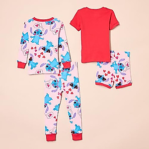 Amazon Essentials Disney | Marvel | Star Wars Girls' Pajama Set, 4-piece (Previously Spotted Zebra), Stitch Hugs, 8