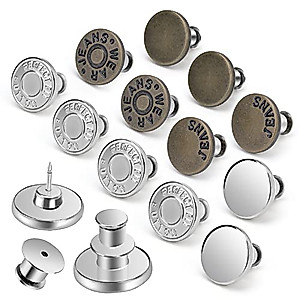 12 Sets Button Pins for Jeans Pants, Adjustable Reusable Jean Buttons Pins Instant Reduce Loose Jeans, No Sew and No Tools Metal Pants Button Replacement, Clips Jean Button Tightener