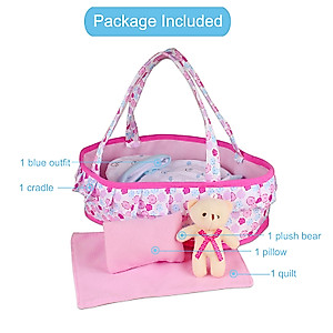 Baby Doll Cradle Bassinet Portable Doll Carrier Carry Bag Doll Bed,Baby Doll Accessories Playset,with Doll Clothes Soft Pillow Quilt Blanket Bear,for 8-9-10-11-12 Inch Smaller Alive Baby Doll