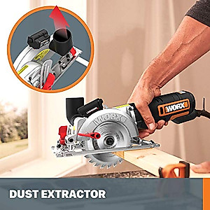 WORX WX427L 6A 4-1/2" Compact Circular Saw, Hand-Held Corded Electric Circular Saw w/Laser Cutting Guide, 6 Saw Blades, Ideal for Wood, Plastic & Metal Cutting