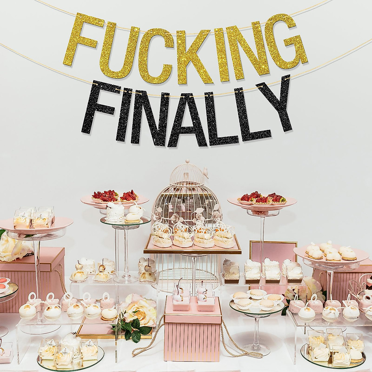 RoadSea Fucking Finally Banner - Graduation Party Supplies - Retirement Banner Wedding Engagement Bridal Shower Bachelorette Party Decorations - Gold & Black Glitter