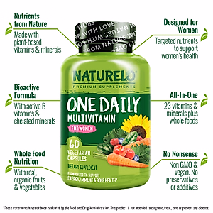 NATURELO One Daily Multivitamin for Women - Energy Support - Whole Food Supplement to Nourish Hair, Skin, Nails - Non-GMO - No Soy - Gluten Free - 60 Capsules - 2 Month Supply