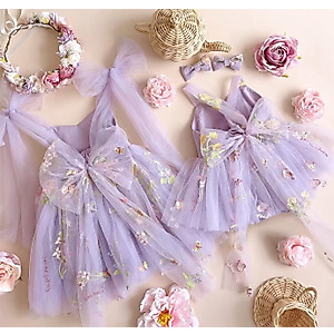 JISISANG Flower Girl Dresses for Wedding Toddler Short Floral Embroidered Tulle Bow-Knot Pageant Princess Boho Summer Swing Dress for Girls Kids Peach Pink 2