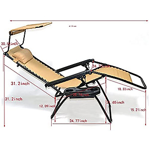 BTEXPERT CC5044BG-2 Zero Gravity Chair Lounge Outdoor Pool Patio Beach Yard Garden Sunshade Utility Tray Cup Holder Beige Two Case Pack (Set of 2 pcs), Piece, Tan with Canopy