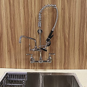 TCEUMIK Commercial Kitchen Sink Faucet with Pre Rinse Sprayer 8'' Center 25'' Height 12'' Swivel Spout Adjustable Wall-Mount Kitchen Faucet for 1, 2, 3 Industrial Restaurant Compartment Utility Sinks