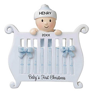 Personalized Baby in a Crib First Christmas Ornament (Blue)