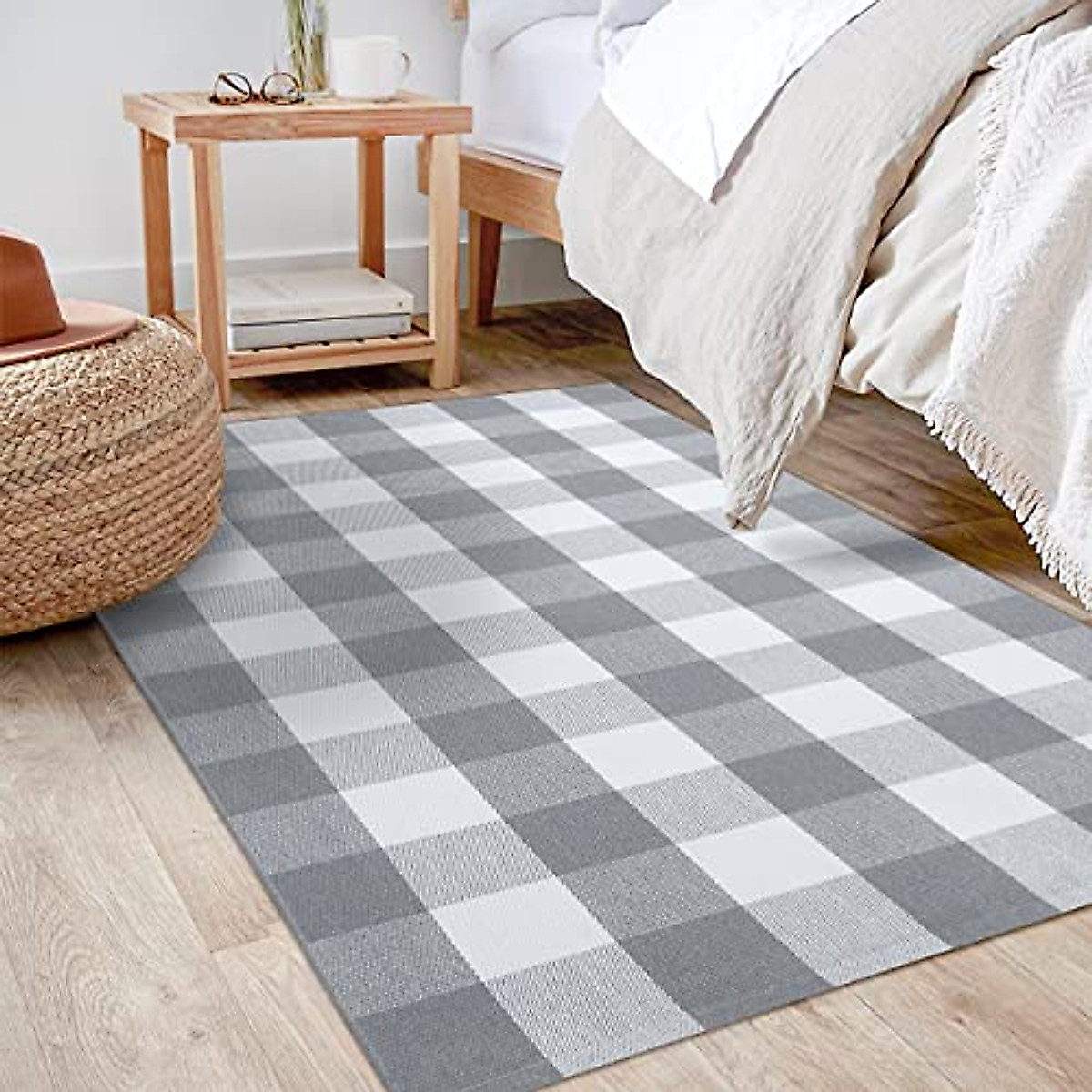EARTHALL Buffalo Plaid Outdoor Rug Grey 3' x 5', Cotton Hand-Woven Checkered Door Mat, Reversible Foldable Washable Gray Outdoor Rug Plaid for Layered Door Mats Porch/Front Door/Living Room